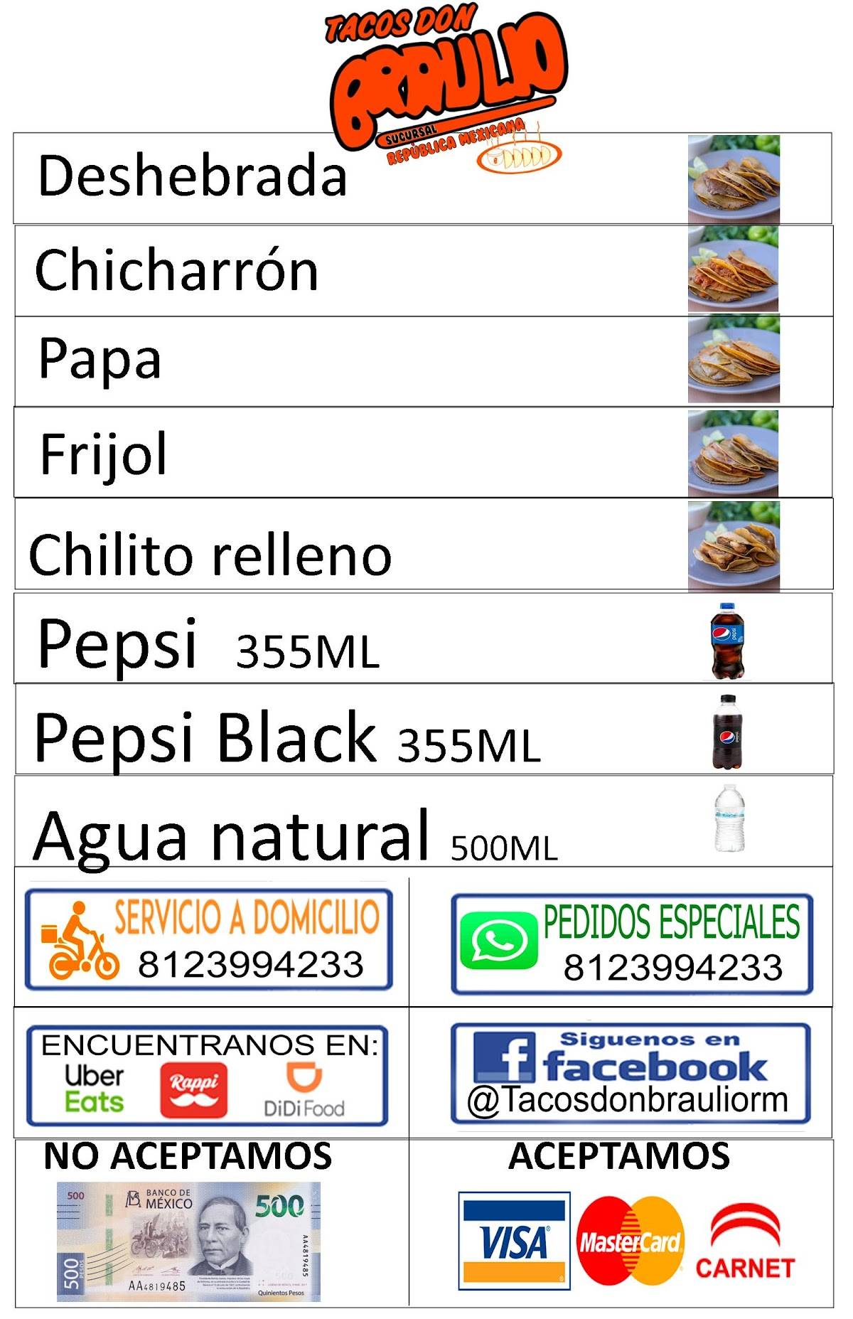 Меню ресторана Los Originales Tacos Don Braulio Sucursal República ...