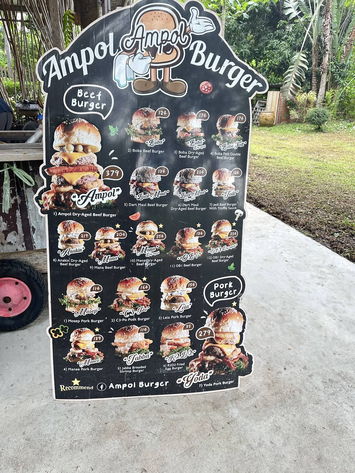 Меню кафе Ampol Burger สาขาบางพระ (อำพลเบอร์เกอร์ สาขาบางพระ), Банг Пра