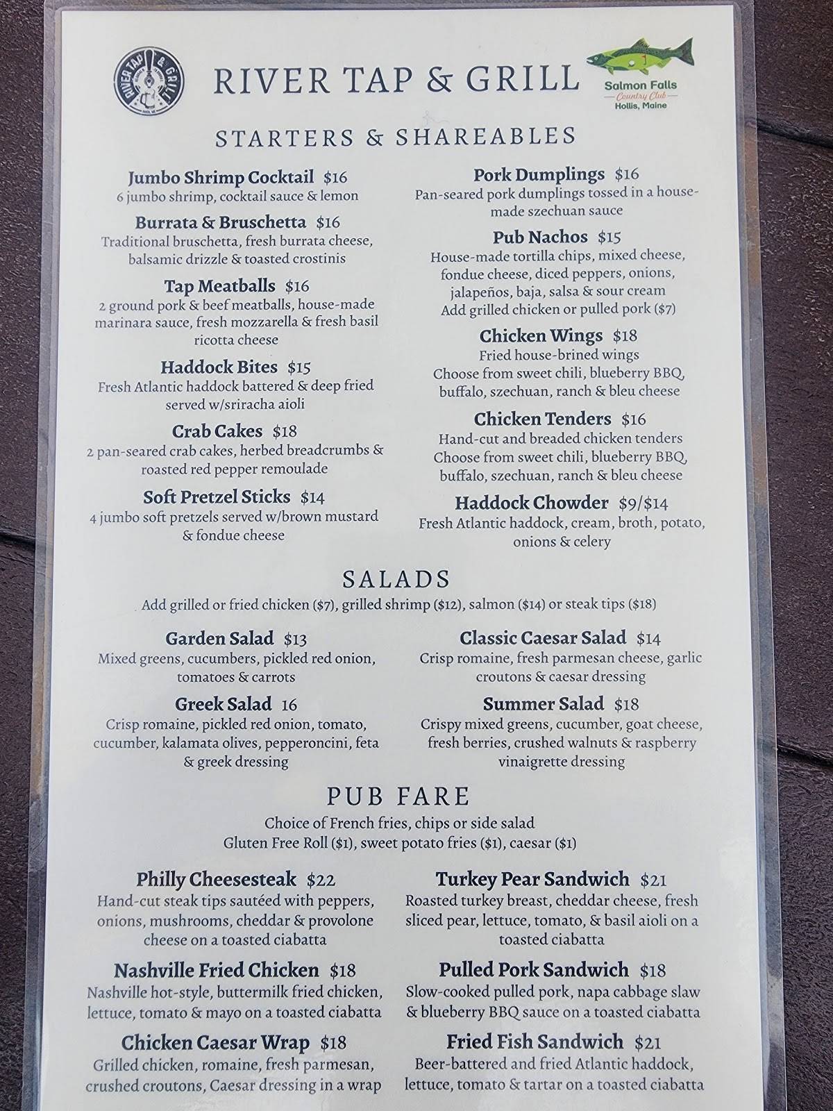 Меню паба и бара The River Tap & Grill, Холлис