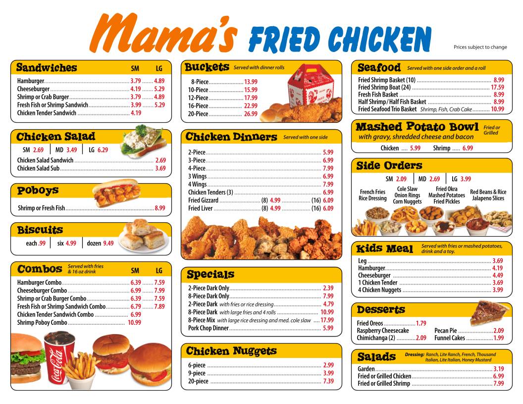 Меню десерта Mama's Fried Chicken, Опелусас, 508 E Landry St
