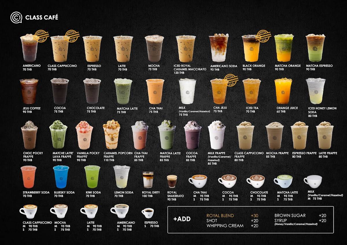 Меню кафе Class Café, Кхам Рианг
