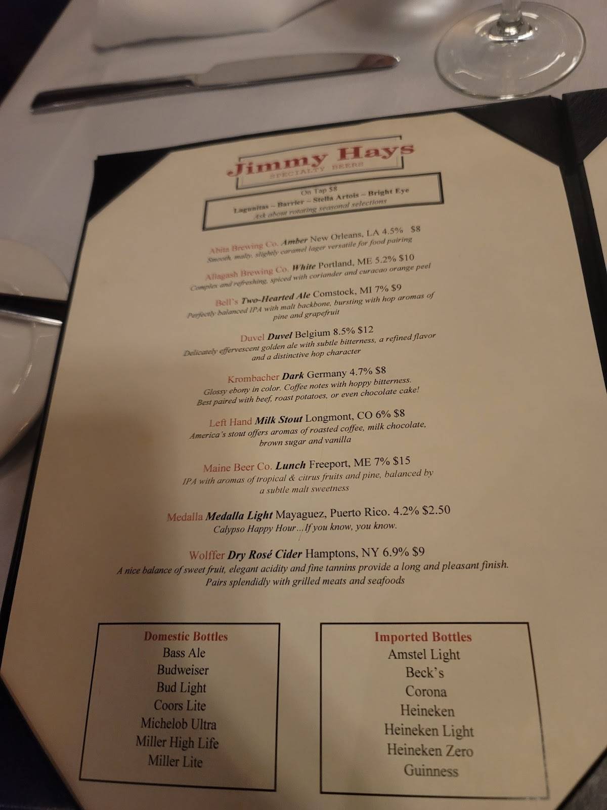 Меню стейк хауса Jimmy Hays Steak House, Айленд Парк