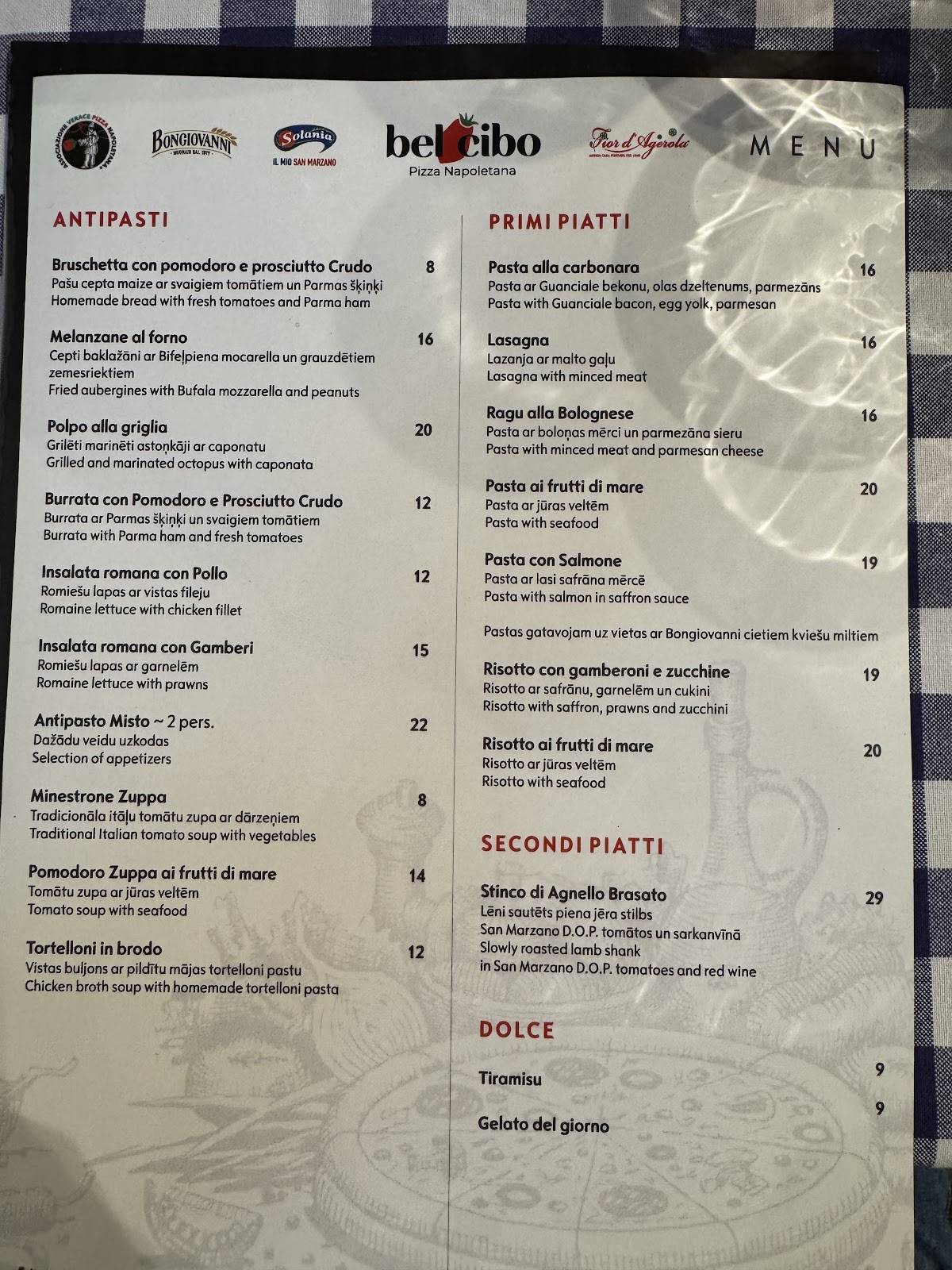 Меню ресторана Bel Cibo Pizza Napoletana, Лиепая