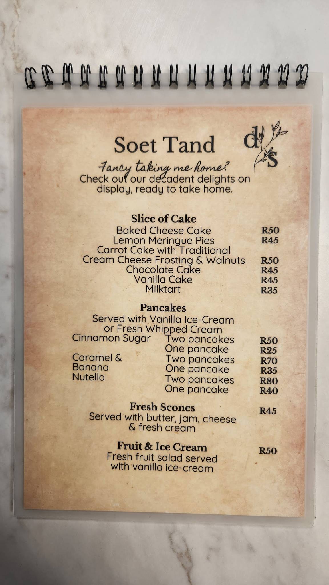 Меню Die Spens Melkbosstrand, Кейптаун