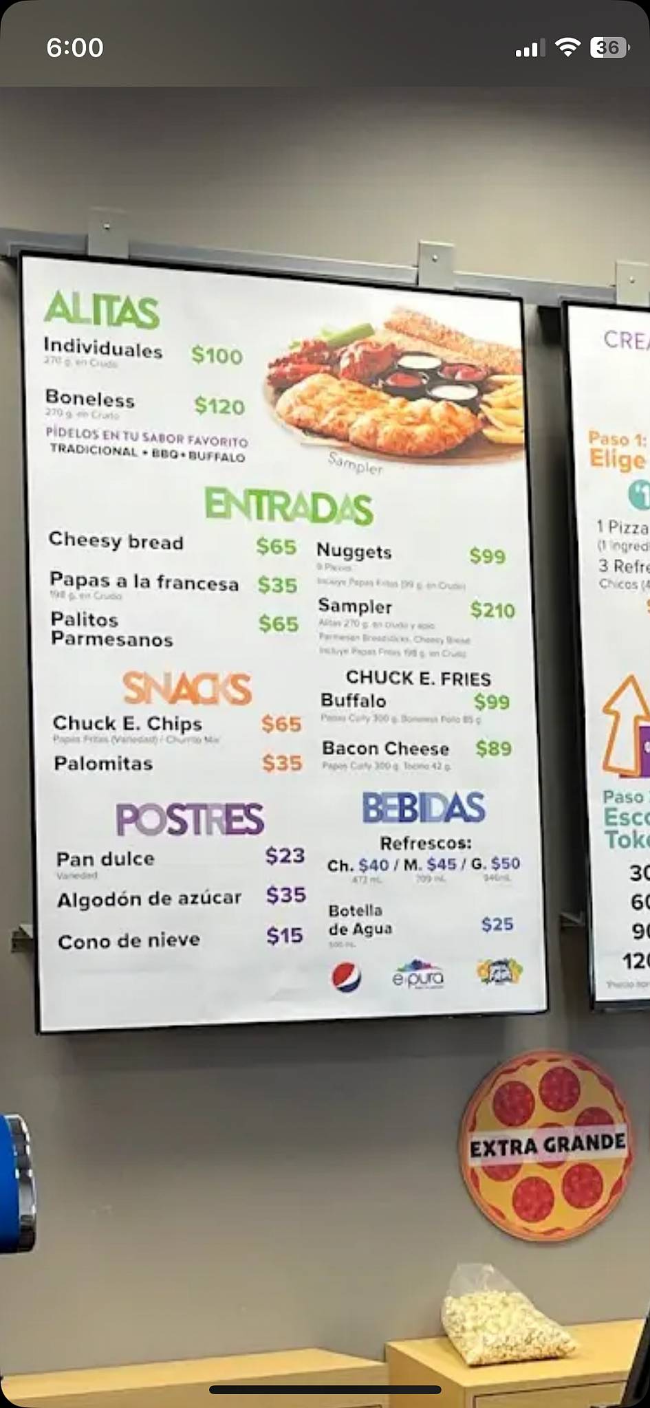 Меню ресторана Chuck E. Cheese Guadalupe, Гваделупа
