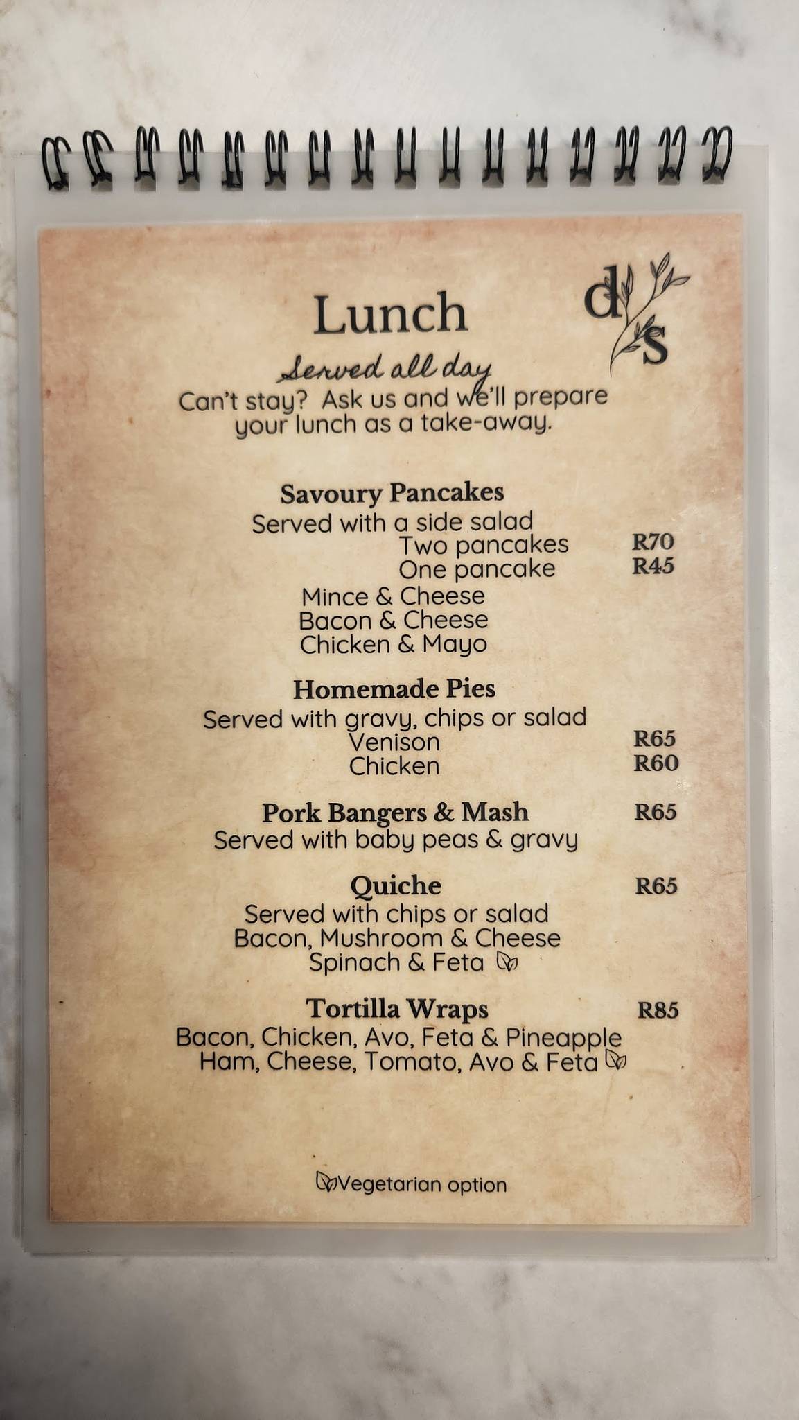 Меню Die Spens Melkbosstrand, Кейптаун