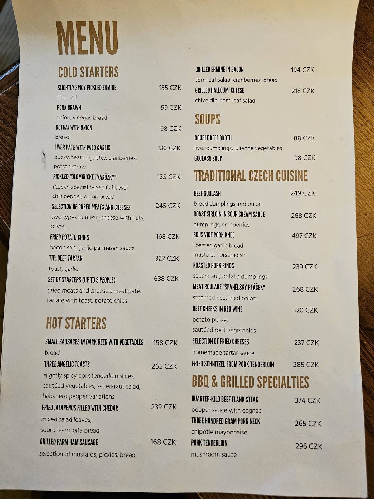 Меню Pilsner Urquell restaurant Anděl, Прага