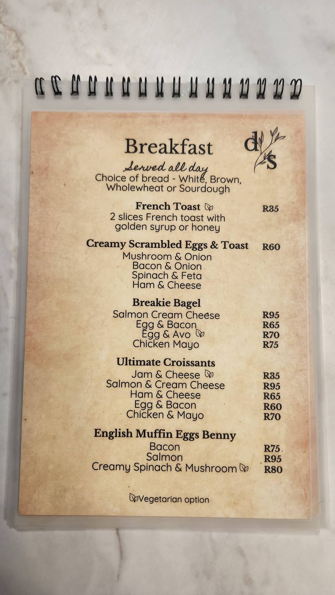 Меню Die Spens Melkbosstrand, Кейптаун
