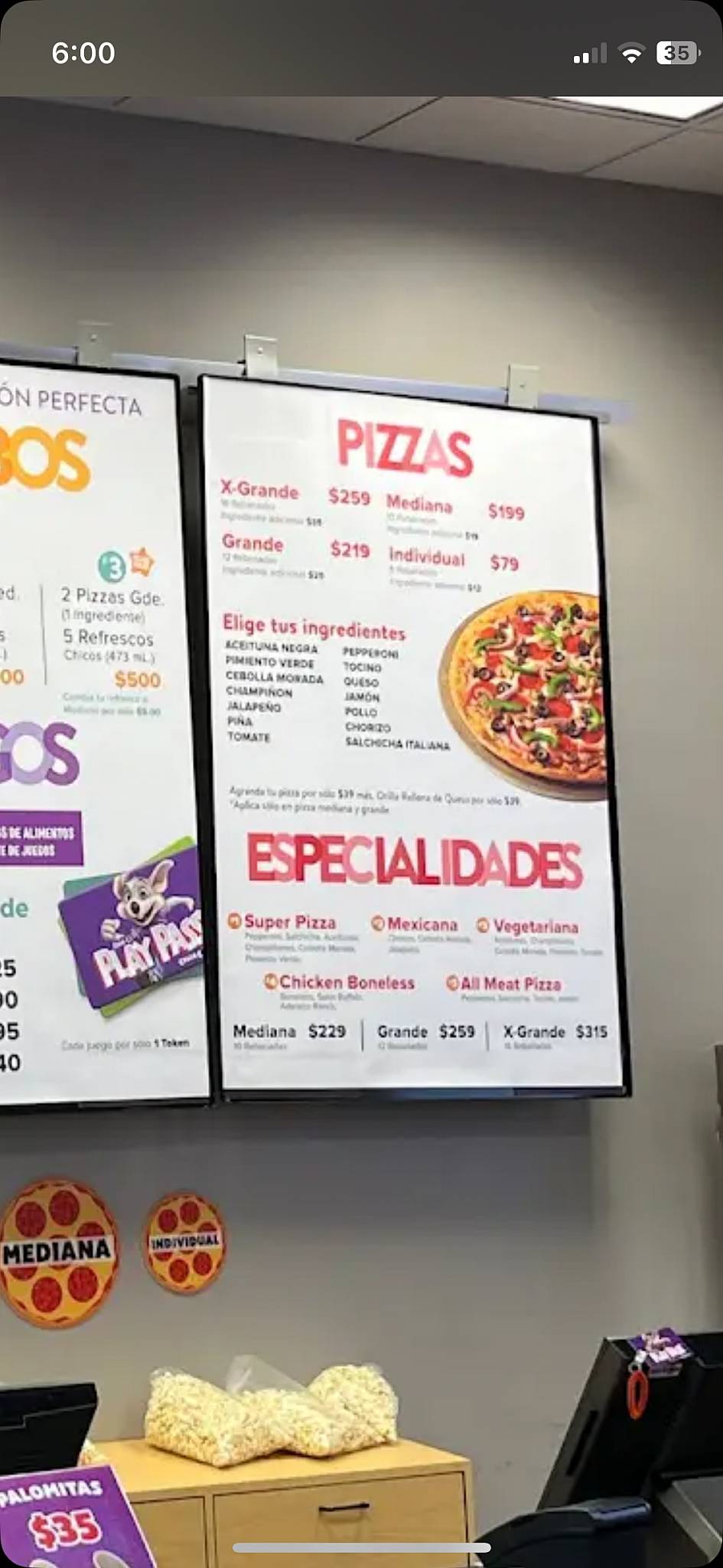Меню ресторана Chuck E. Cheese Guadalupe, Гваделупа