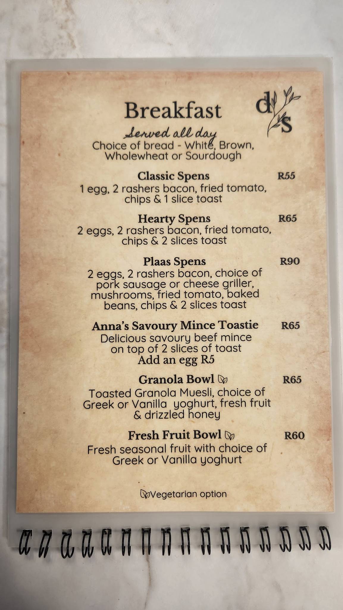 Меню Die Spens Melkbosstrand, Кейптаун