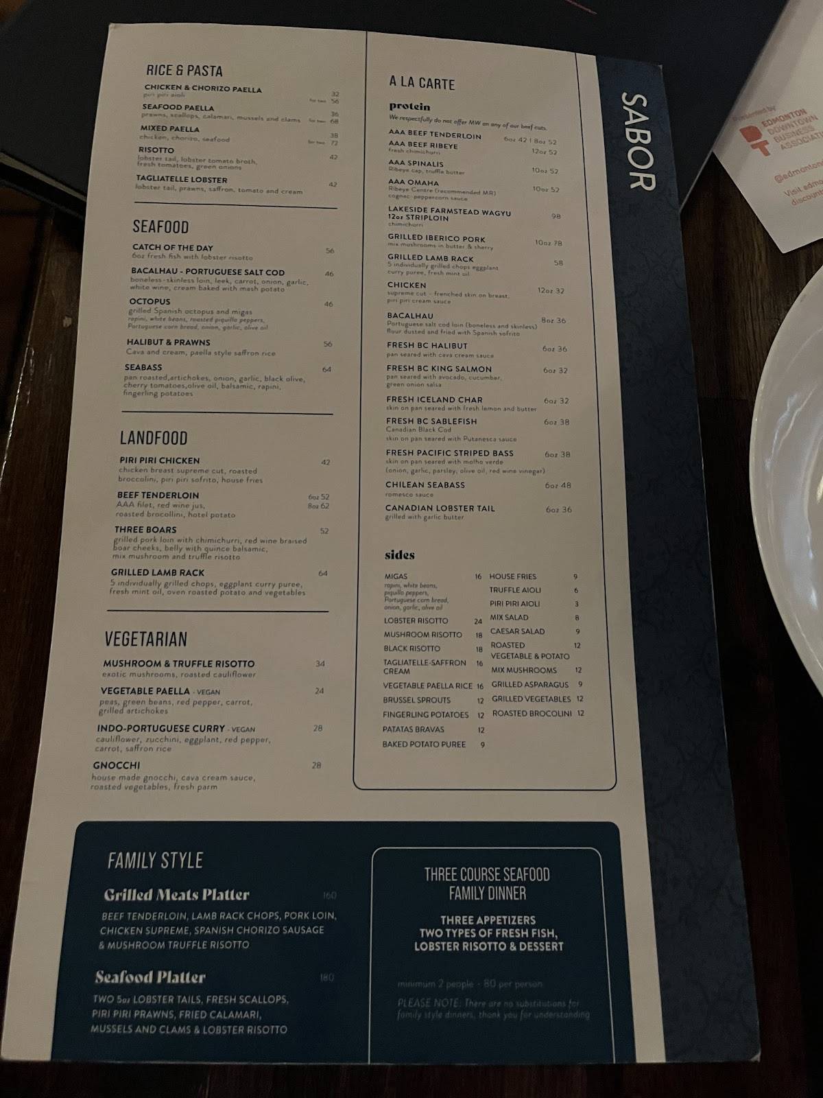 Меню Sabor Restaurant, Эдмонтон